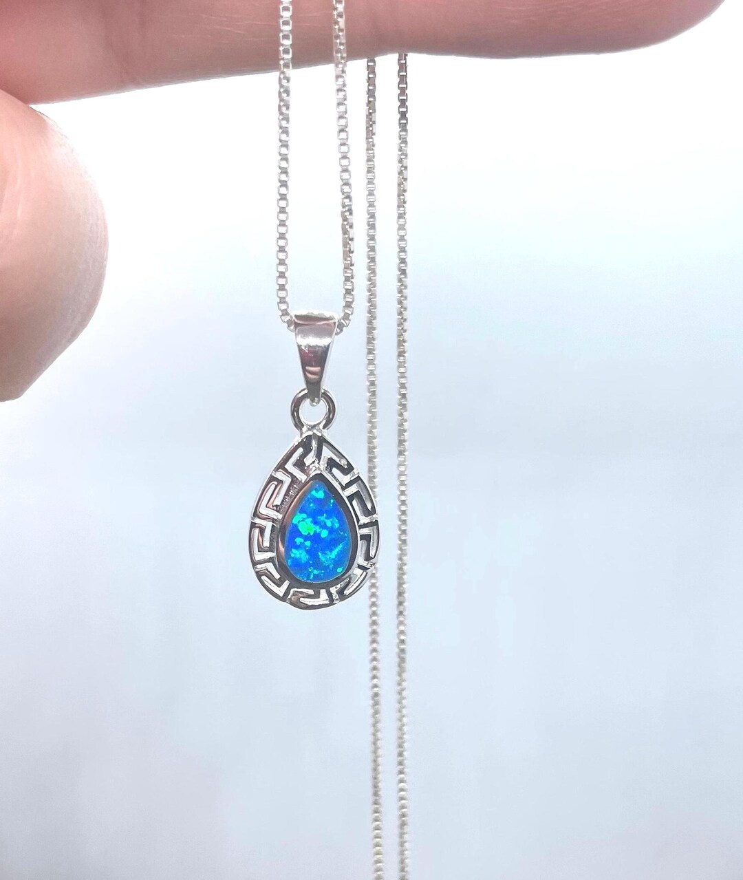Sterling Silver Blue Opal Greek Pattern Pendant-blue Opal Necklace ...