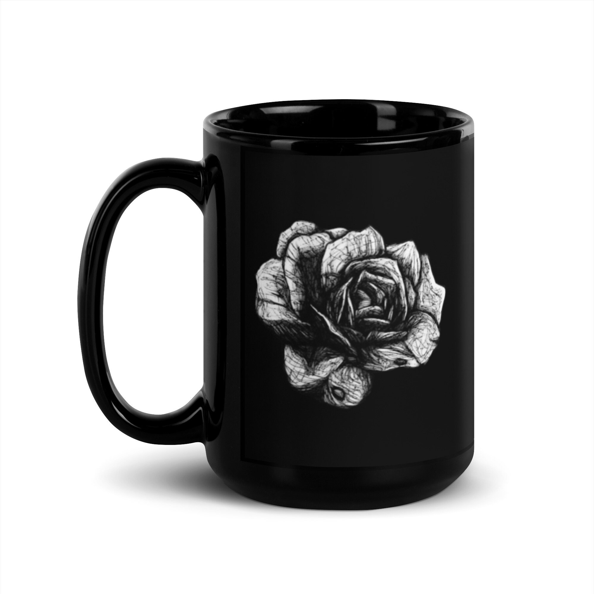Goth Rose Mug Aesthetic Rose Sketch Floral Mug, Black Glossy Mug, Pen ...