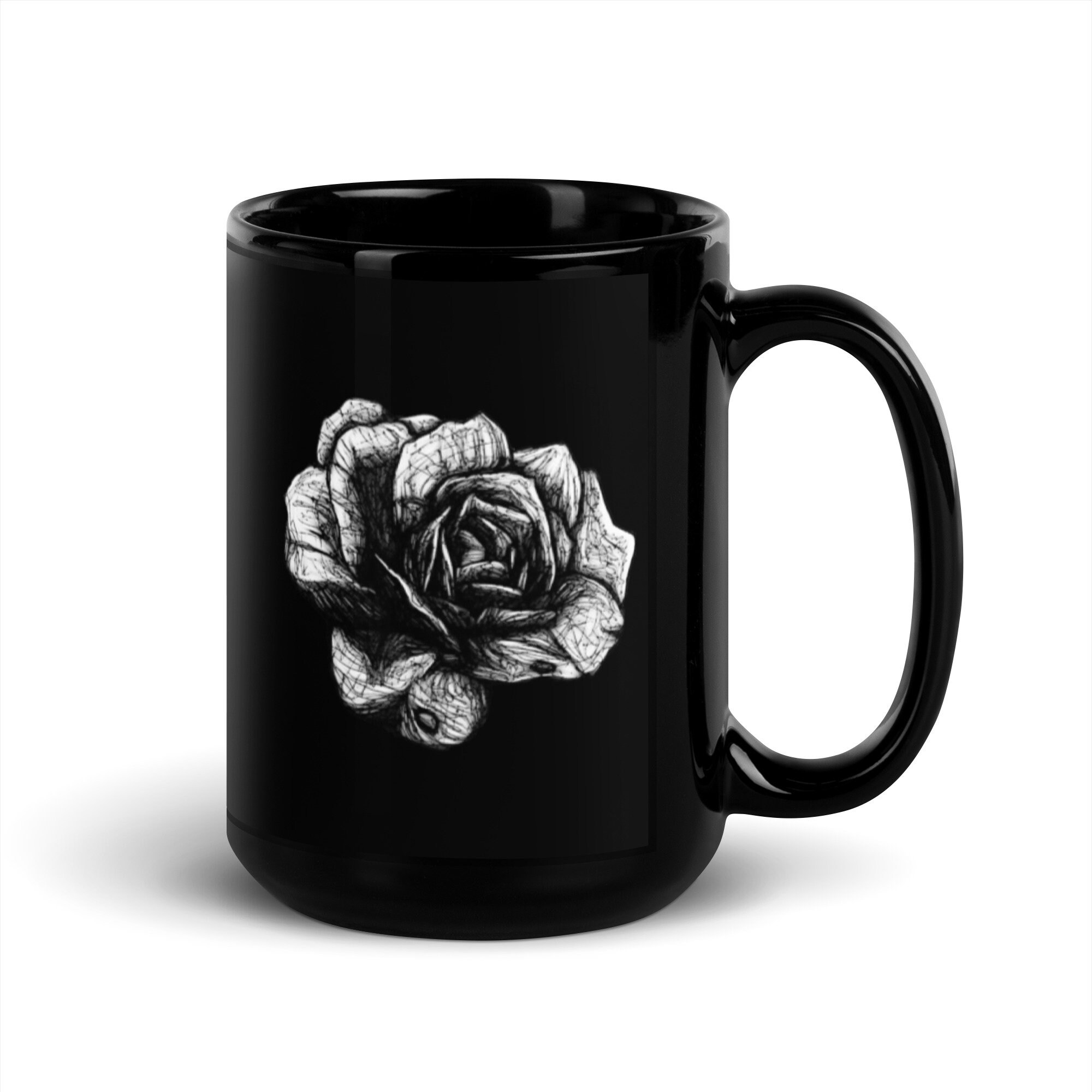 Goth Rose Mug Aesthetic Rose Sketch Floral Mug, Black Glossy Mug, Pen ...