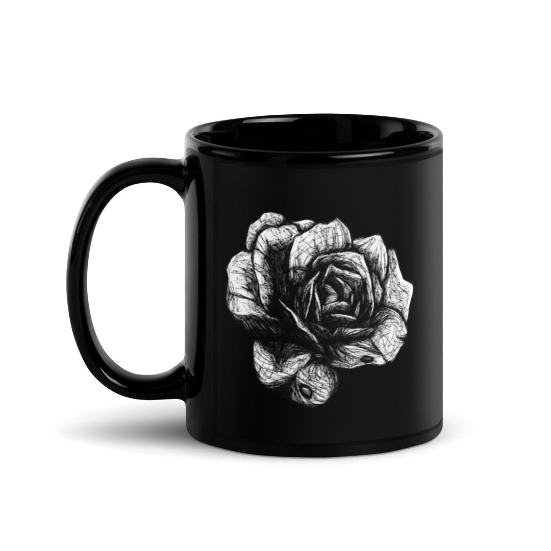 Goth Rose Mug Aesthetic Rose Sketch Floral Mug, Black Glossy Mug, Pen ...