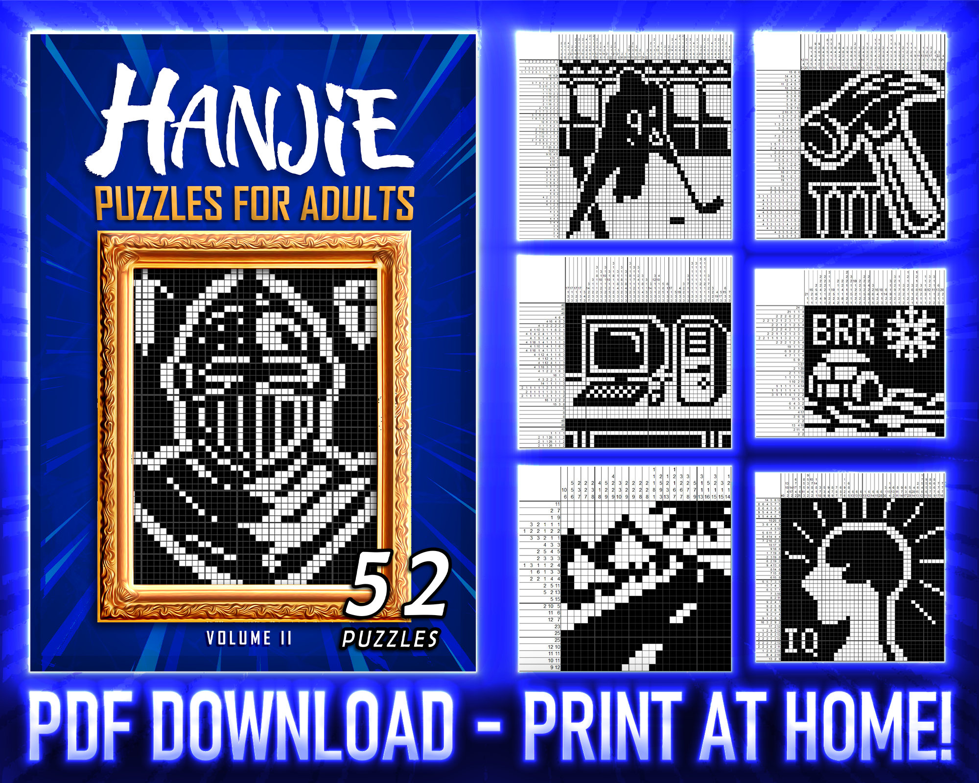 52 Printable PDF Nonograms Hanjie Puzzles for Adults Volume 2 ...