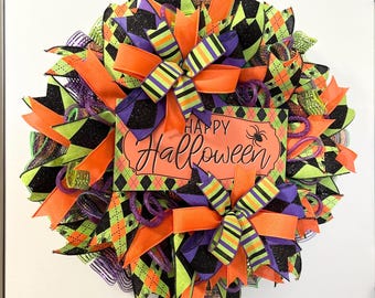 Halloween Wreath Front Door Wreath Black White Orange Green Purple - Etsy