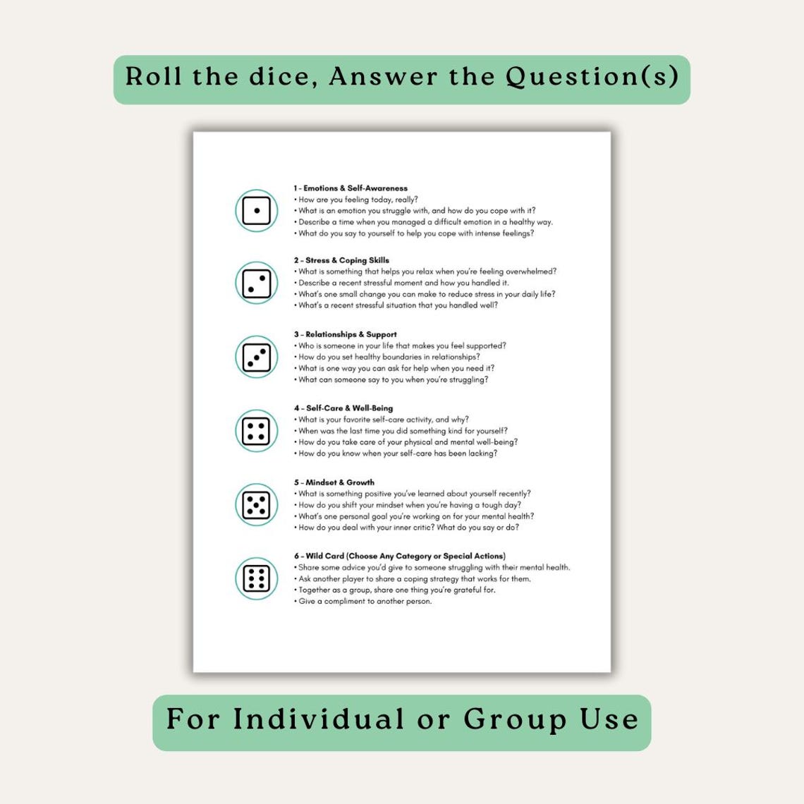 Mental Health Dice Game. Group Therapy Activities. Reflection Questions ...