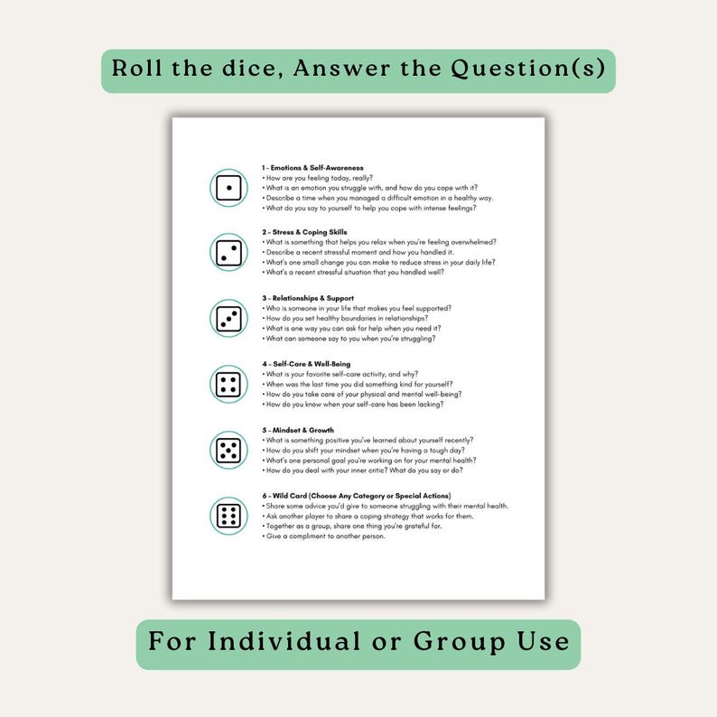 Dice Game for Mental Health, Group Activities and Reflection Questions ...