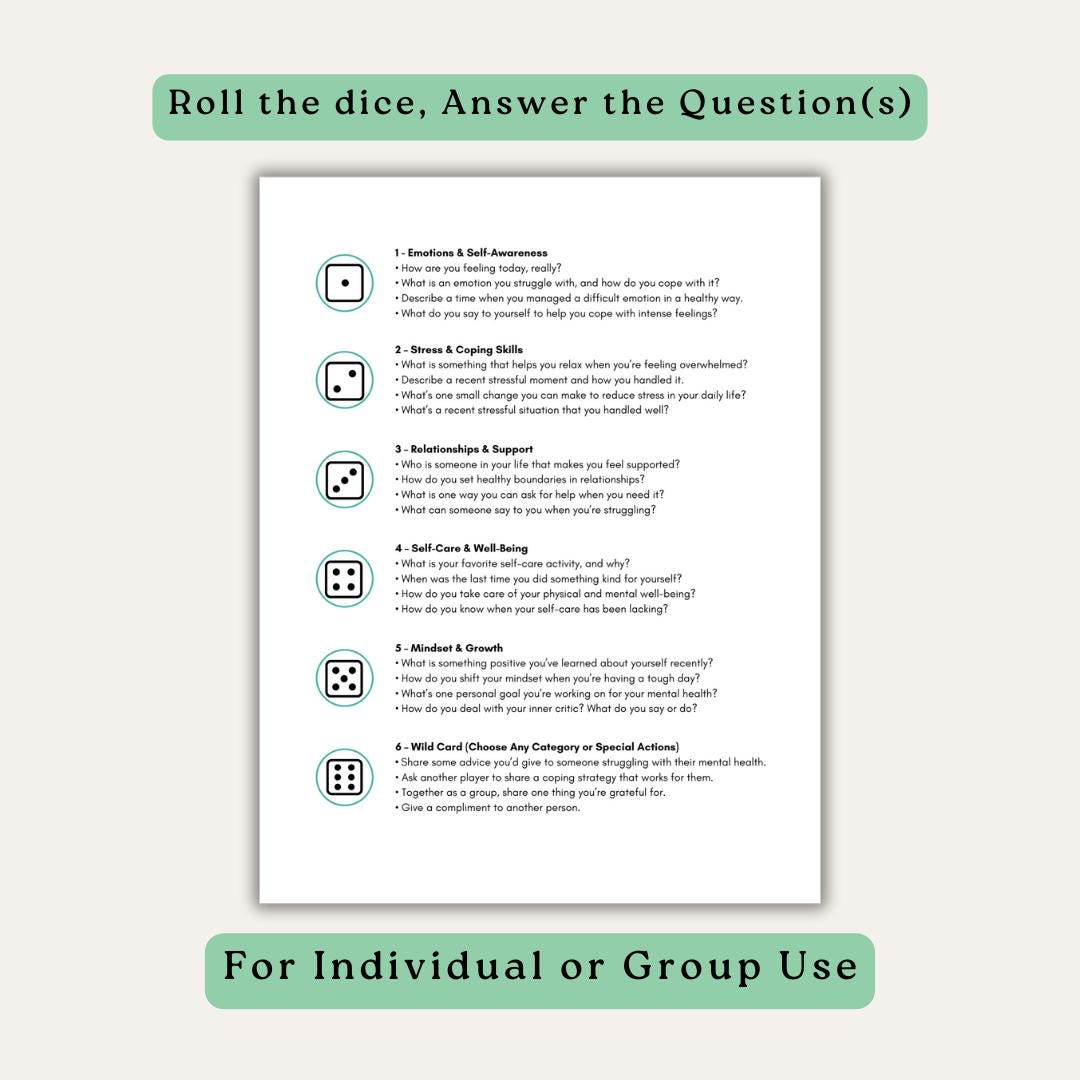 Mental Health Dice Game. Group Therapy Activities. Reflection Questions ...