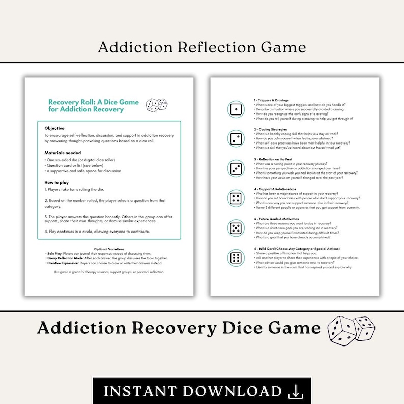 Addiction Recovery Dice Game: Reflection Questions (digital Download ...