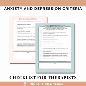 Depression and Anxiety Diagnosis Checklist, Therapist Reference Sheet ...