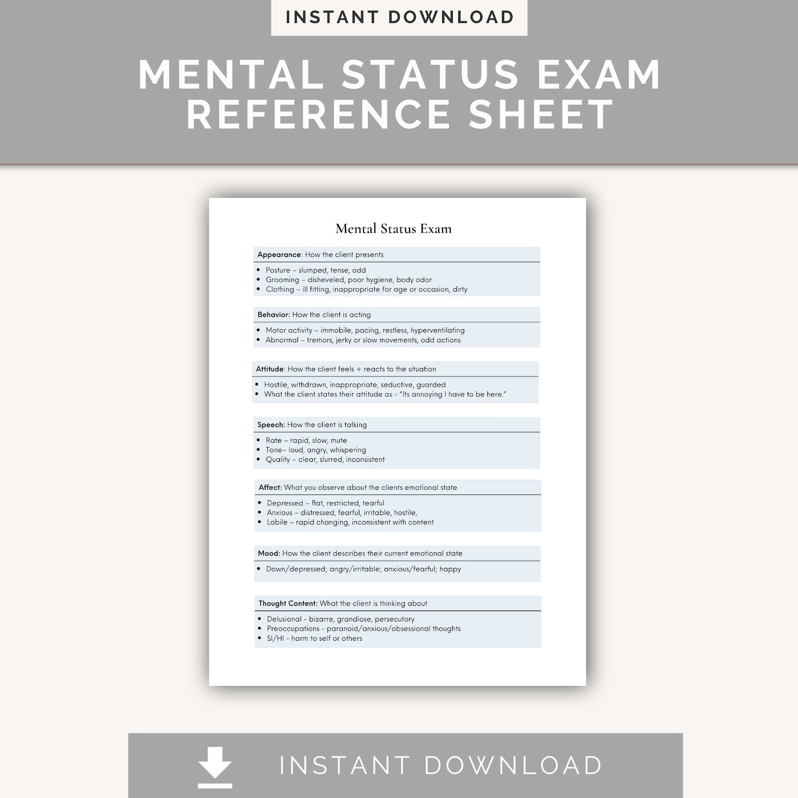 Mental Status Exam, Clinical Documentation Reference, 2 Pages - Etsy