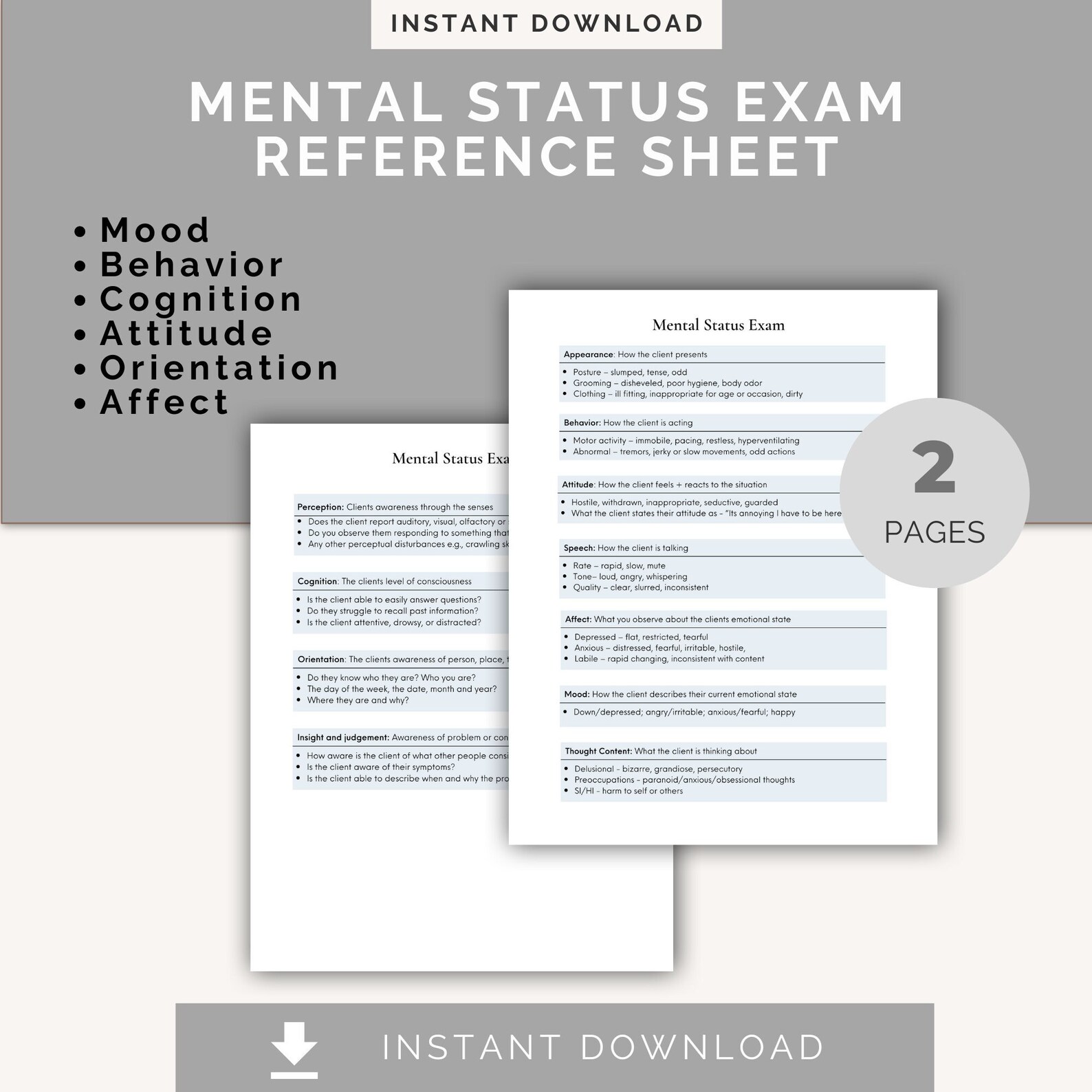 Mental Status Exam, Clinical Documentation Reference, 2 Pages - Etsy