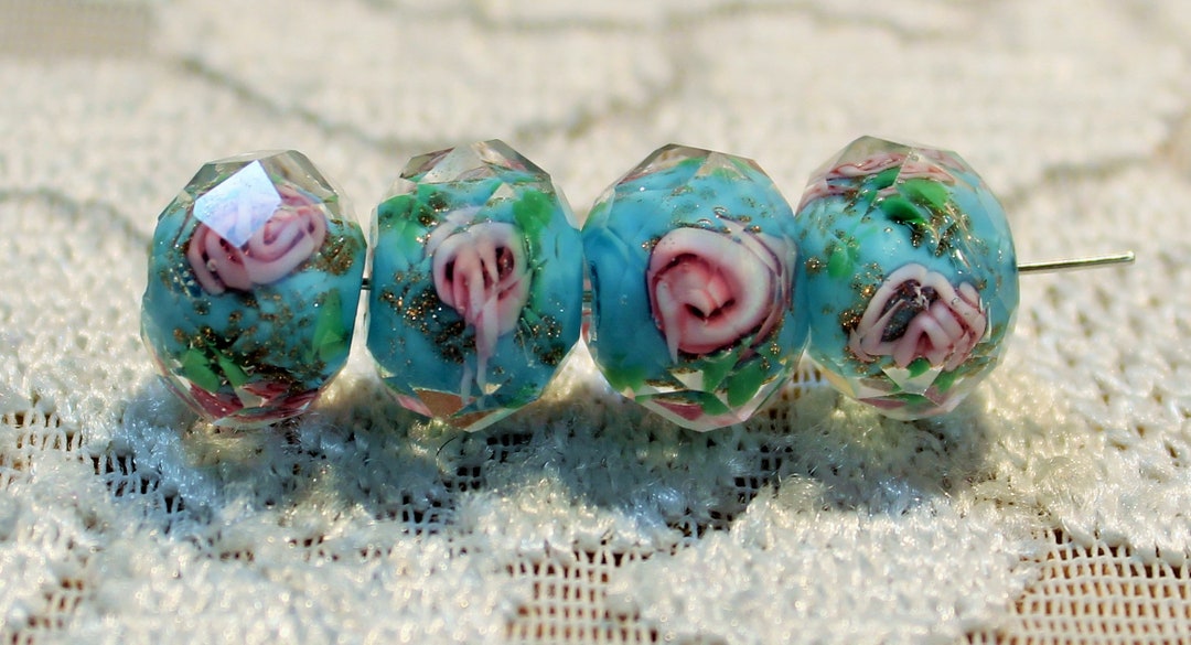 10 Sky Blue Wedding Cake Beads, Faceted, Pink Roses, Green Leaves, Gold ...