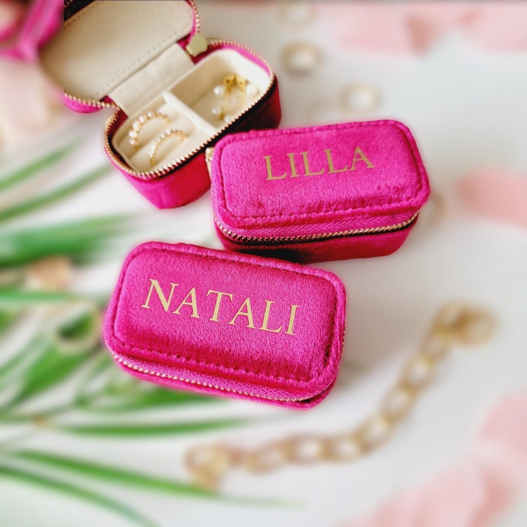 Holiday Gift Personalized Mini Rectangle Zippered Travel Jewelry Velvet ...