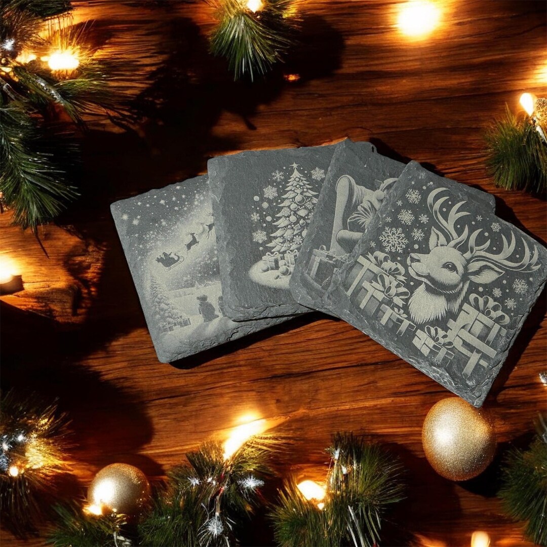 Engraved Slate Christmas Coasters, Holiday Drink Coasters, Festive ...