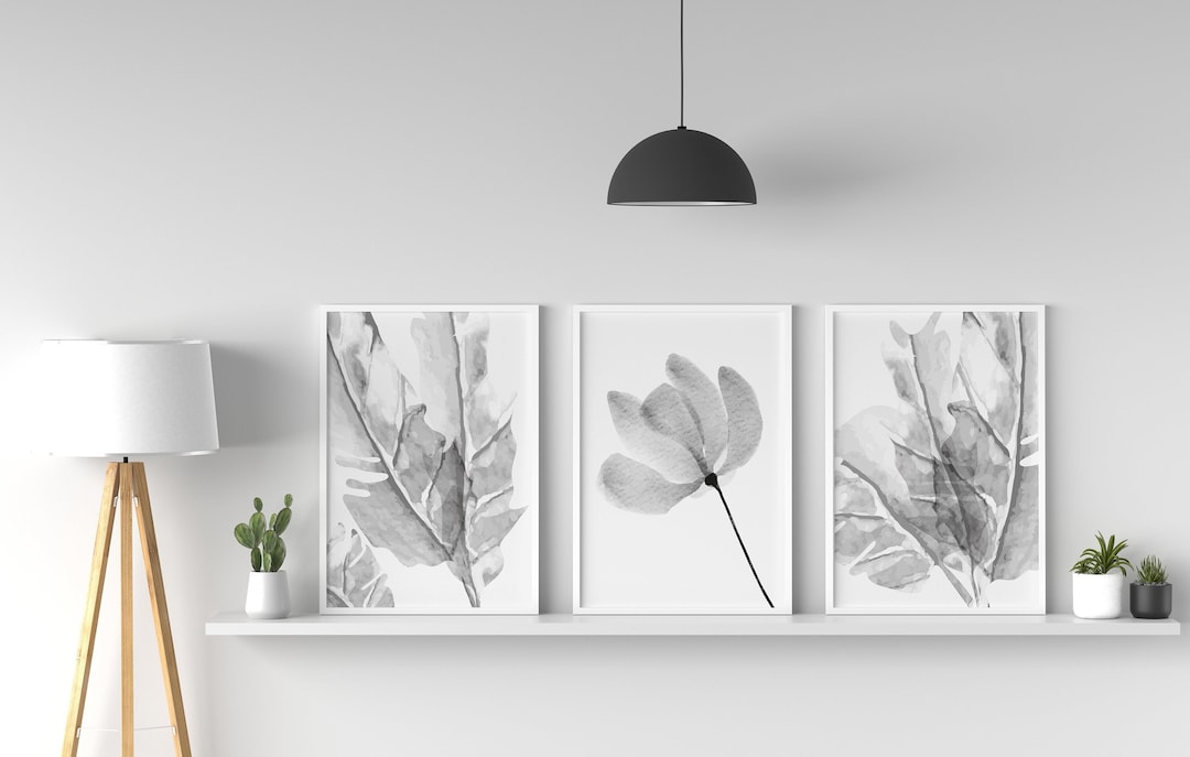 Leaf Print, Grey Wall Decor, Set of 3 Prints, Grey Leaf Print ...