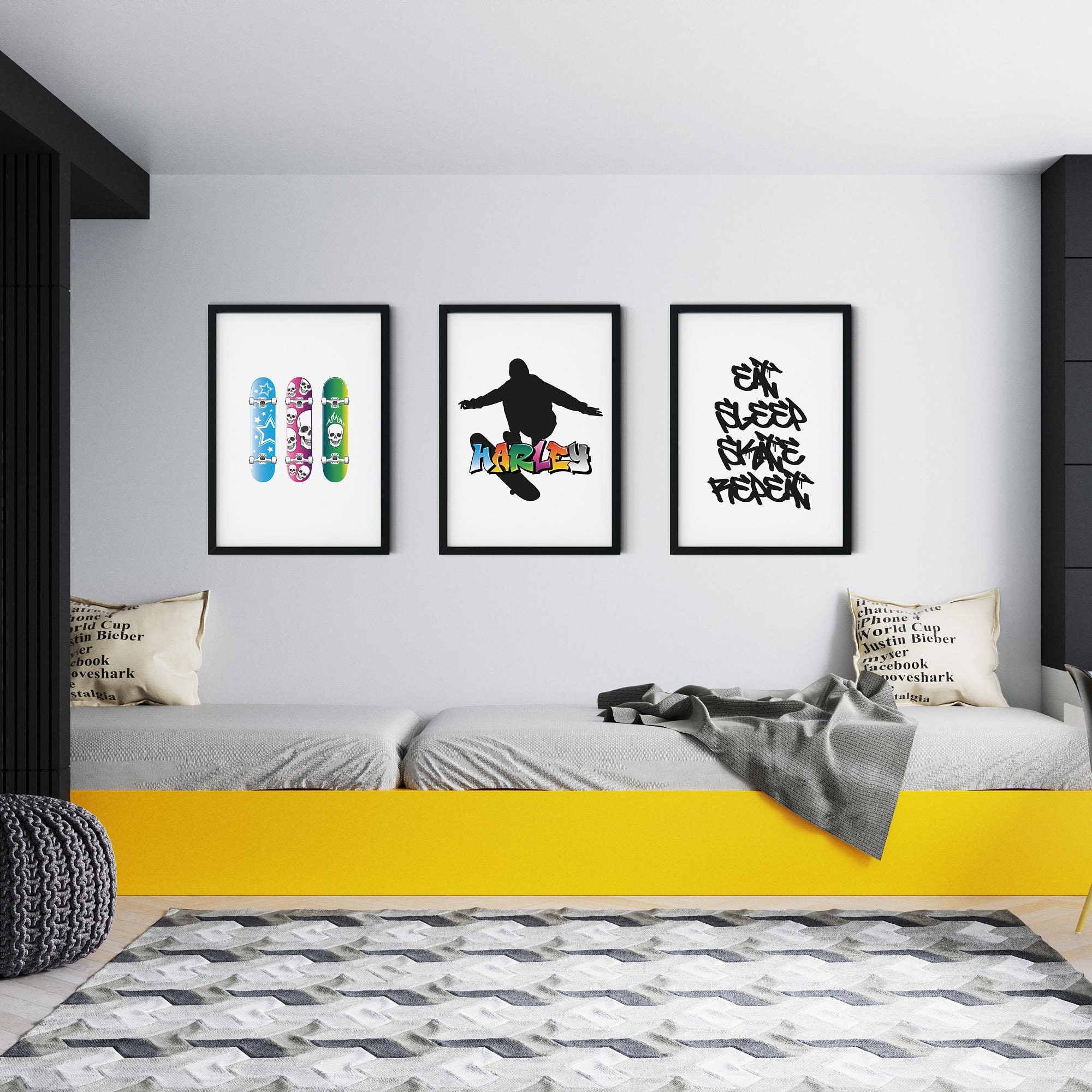 Skateboard prints Set of 3 Skater wall art Boys room Teen | Etsy
