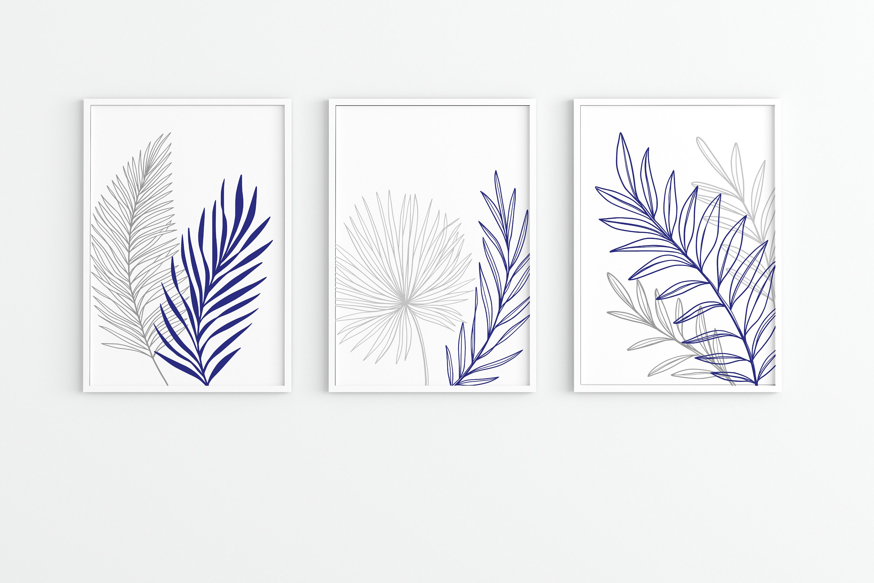 Blue Leaf Prints Set of 3 Botanical Art Leaf Wall Art Grey | Etsy