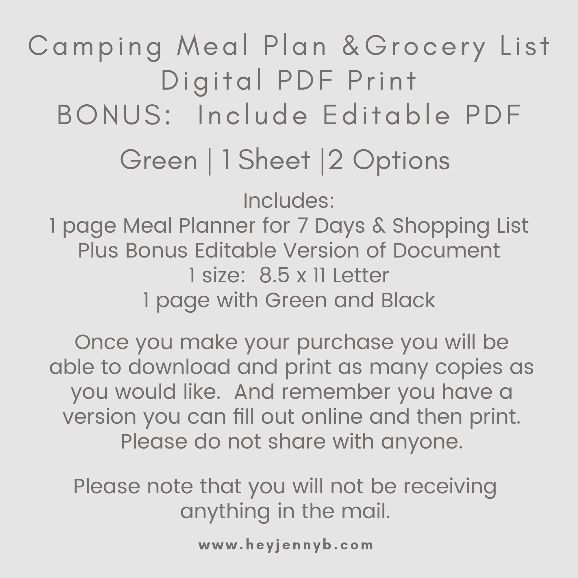 Camping Meal Planner Editable Meal Plan Camping Grocery List