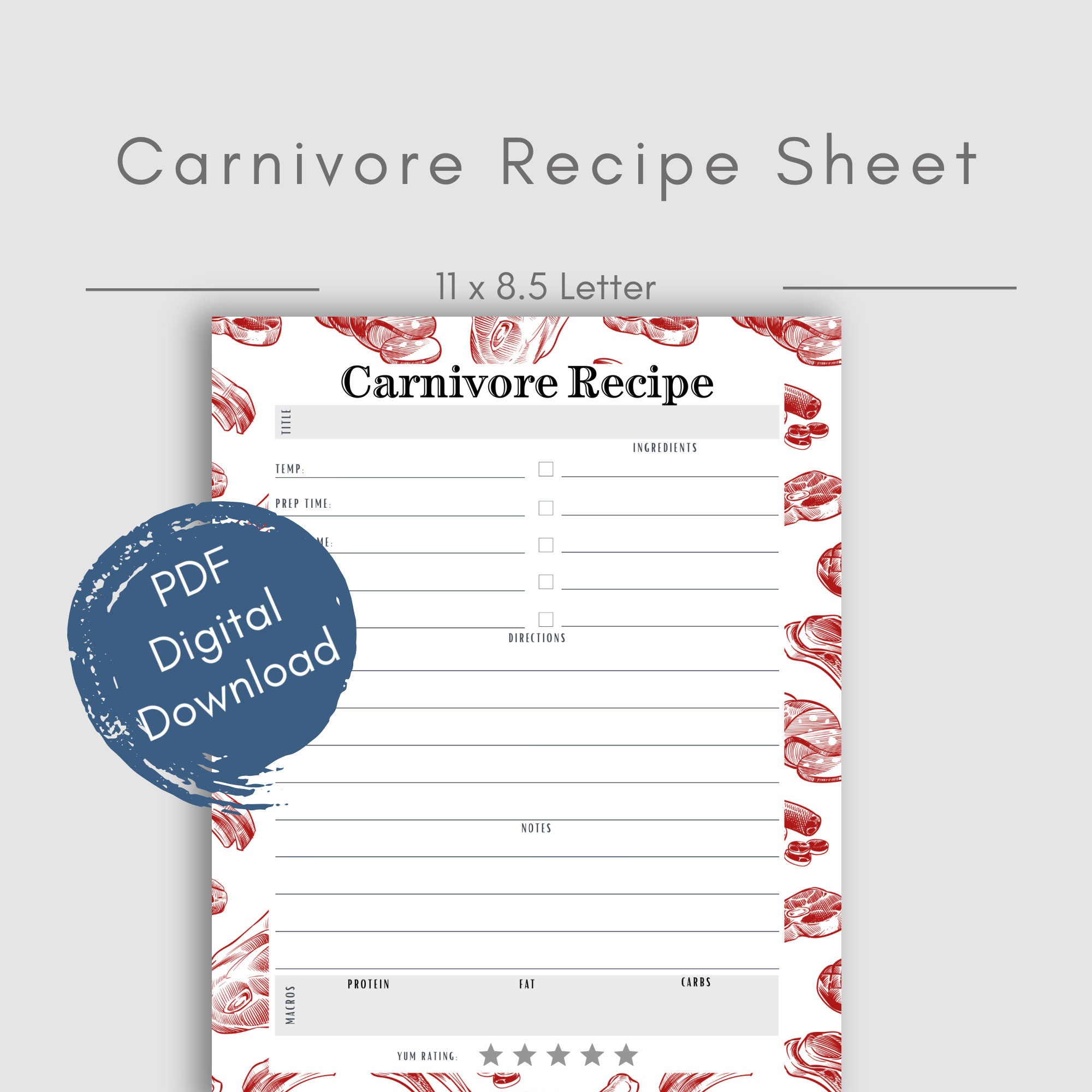 Carnivore Recipe Sheet | Carnivore Recipe Card | Carnivore Printable ...