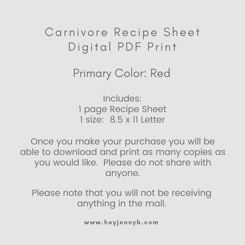 Carnivore Recipe Sheet | Carnivore Recipe Card | Carnivore Printable ...