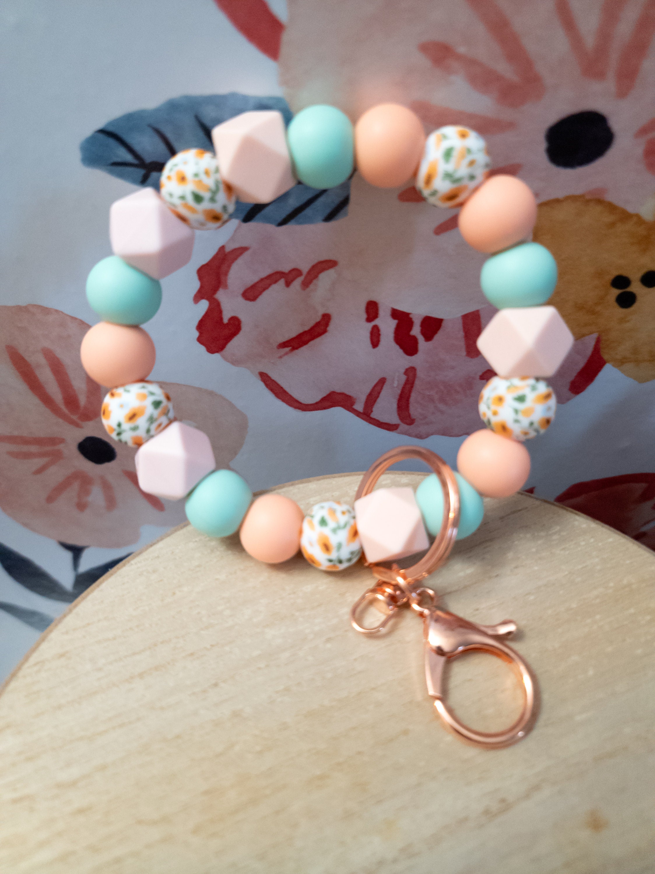 Floral Pastel Wristlet Keychain Cute Wristlet Keychain Orange Floral ...