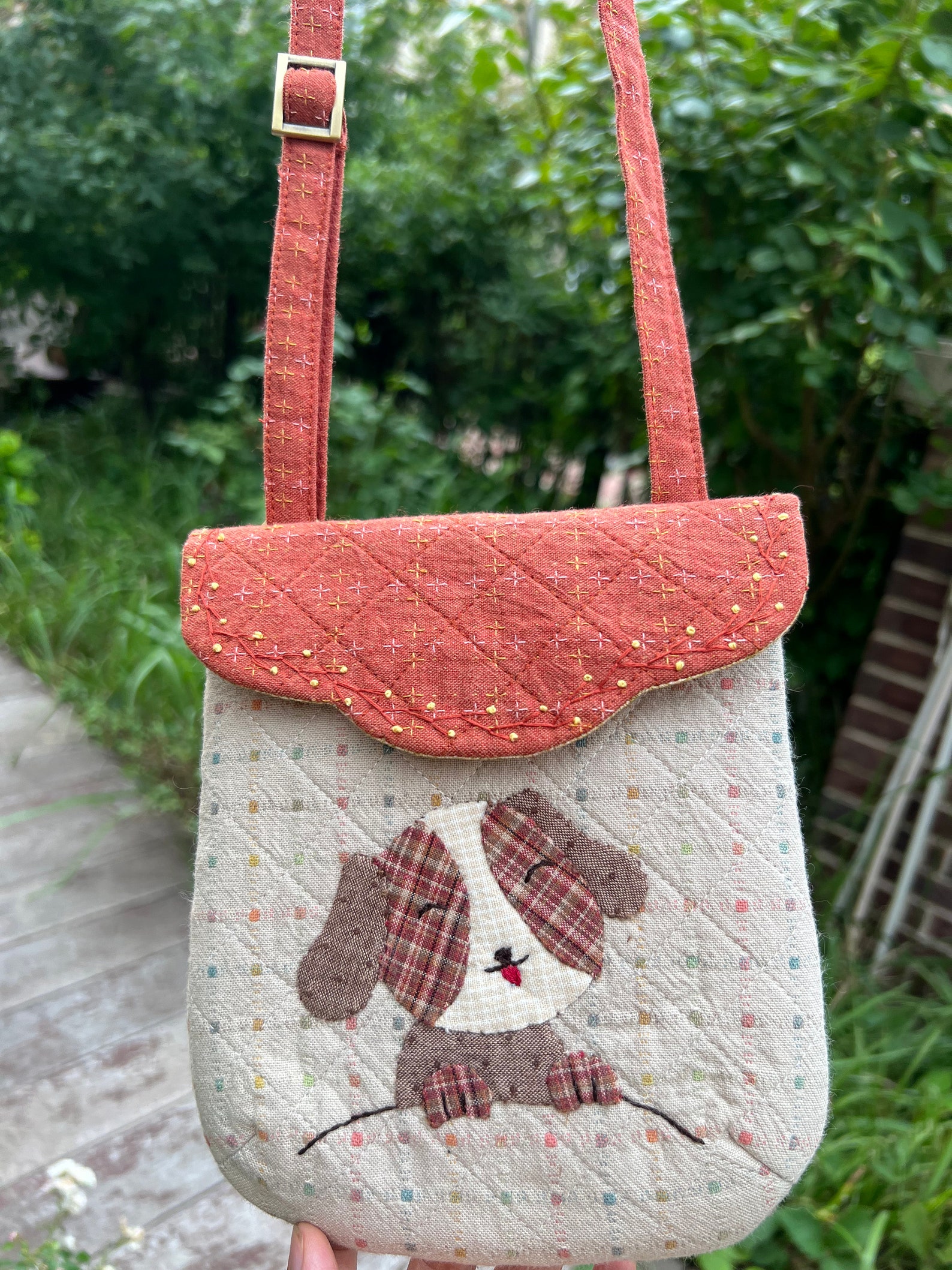 Handmade Quilted Bag in Japanese Patchwork Style Cotton/ Crossbody Bag/ Adorable Pup/ Adjustable ...