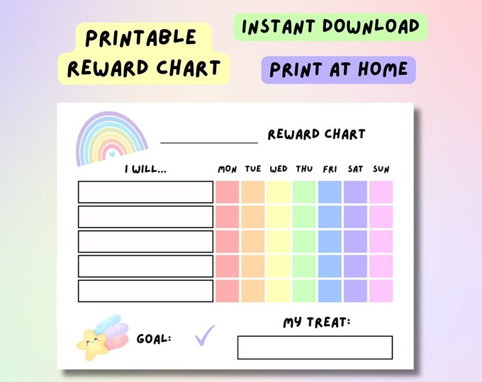 Printable Reward Chart for Kids, Reward Chart for Girls, Rainbow Chore ...