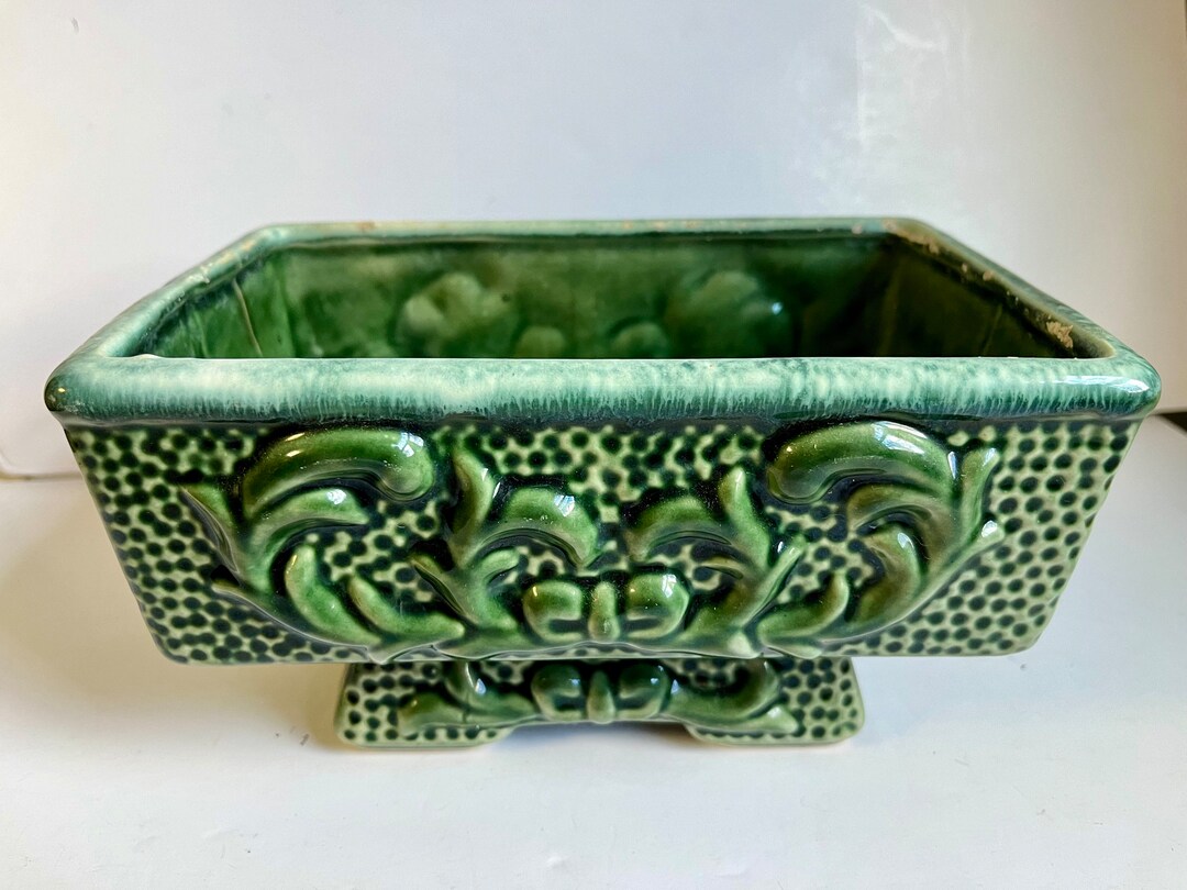 Vintage Green American Bisque Rectangular Pottery Planter or Bowl ...