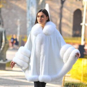 White Cashmere Cape With Fox Fur Trim Luxury Winter Fur Cape Coat ...