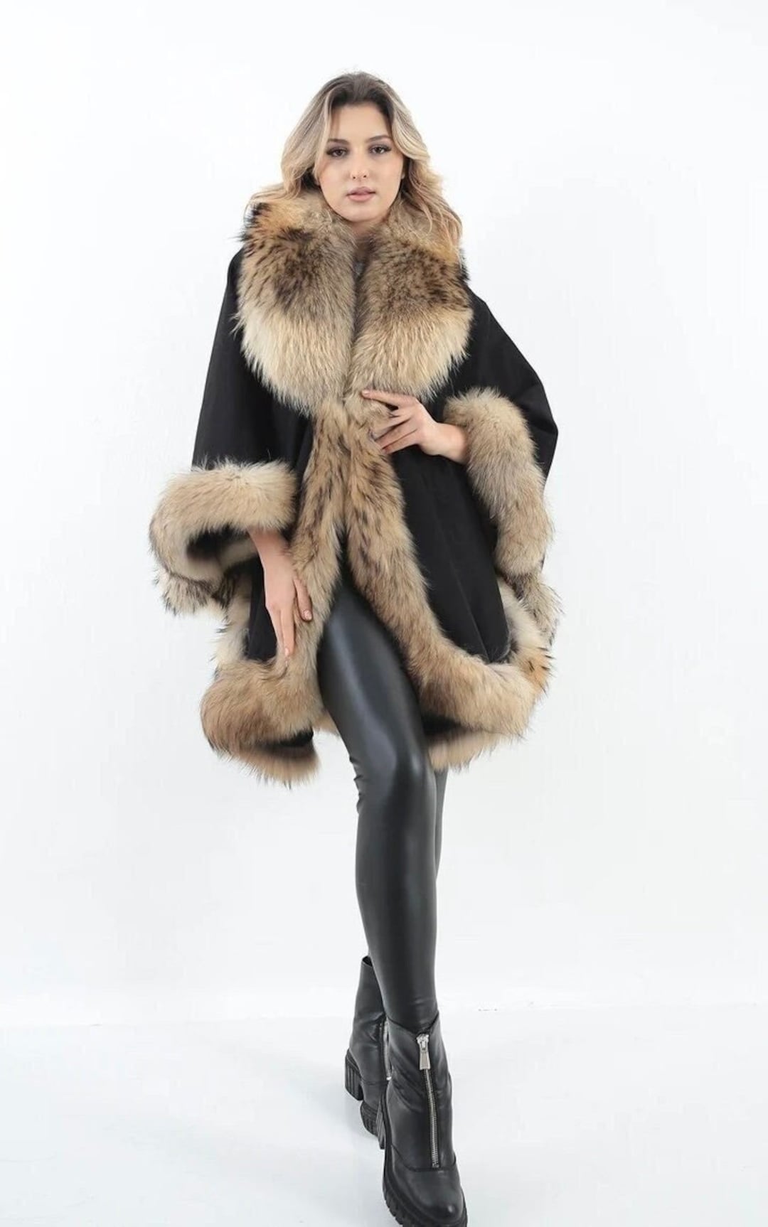 Black Cashmere Cape With Fox Fur Trim Gorgeous Winter Cape Real Fur ...