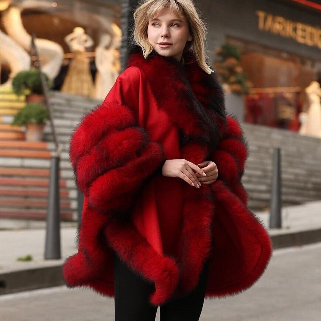 Red Cashmere Cape With Fox Fur Trim Luxury Winter Wrap for Women ...