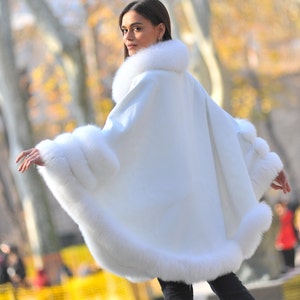 White Cashmere Cape With Fox Fur Trim Luxury Winter Fur Cape Coat ...