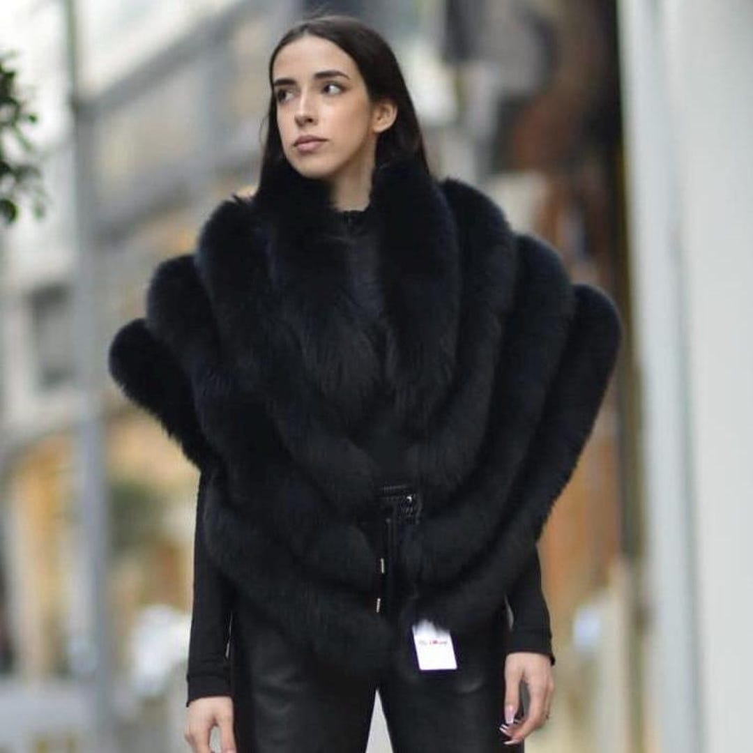 Fox Fur Shawl Black Fur Stole Wedding Fox Fur Wrap Fox Fur Shrug Fur ...