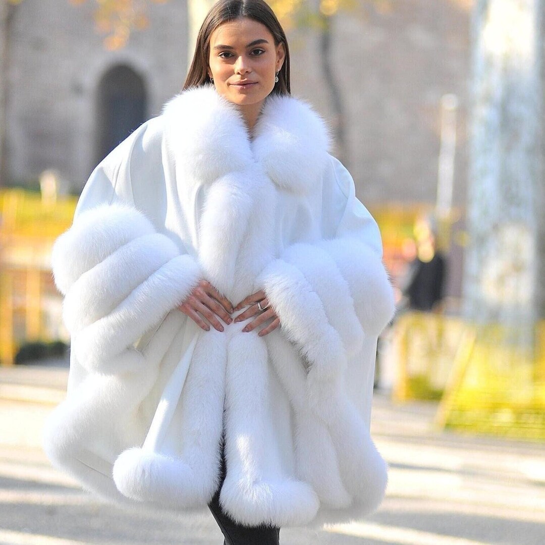 White Cashmere Cape With Fox Fur Trim Luxury Winter Fur Cape Coat ...