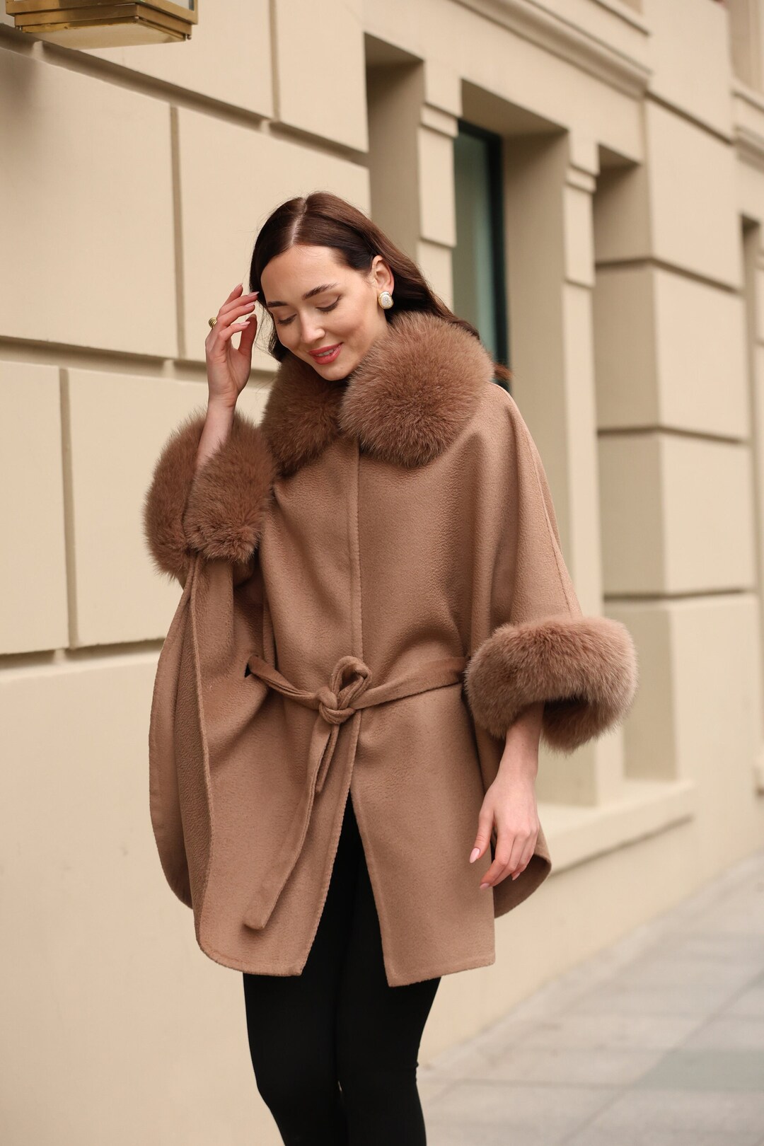 Caramel Suri Alpaca Wool Cape With Fox Fur Trim | Women’s Stylish Cape ...