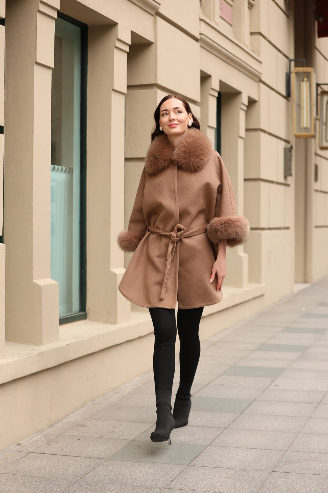 Caramel Suri Alpaca Wool Cape With Fox Fur Trim Womens Stylish Cape ...