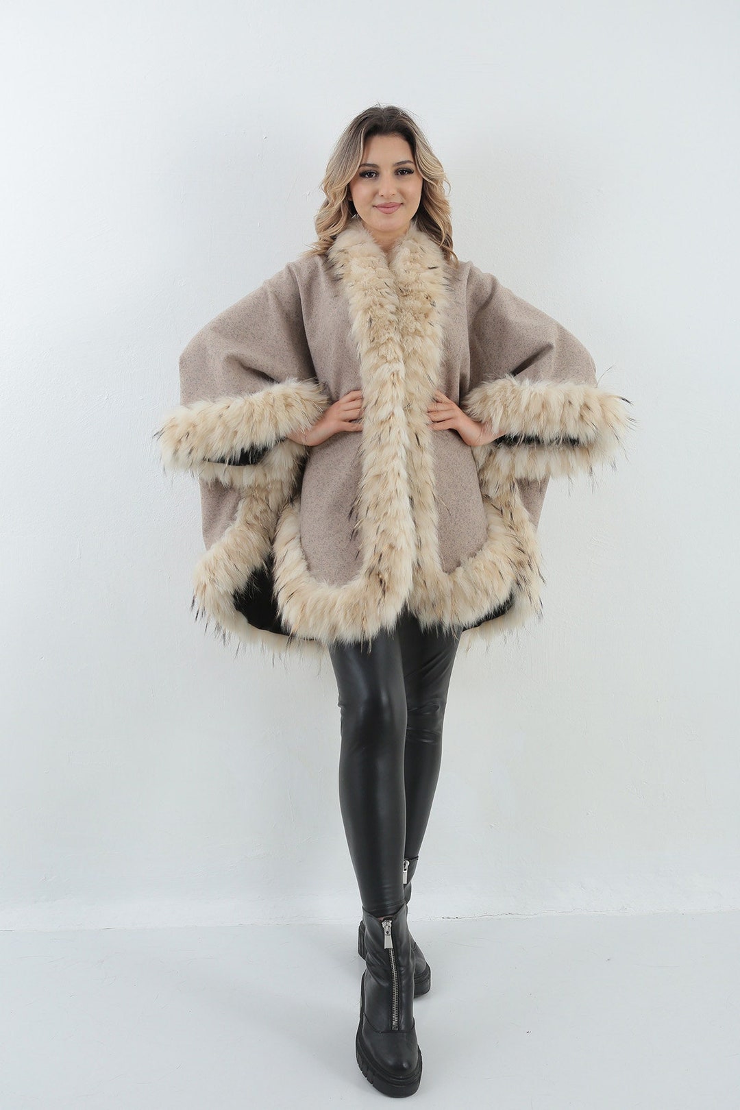 Beige Cashmere Cape Women Warm Cape With Fox Fur Trim Winter Cape Women ...