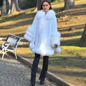 White Cashmere Cape With Fox Fur Trim Luxury Winter Fur Cape Coat ...