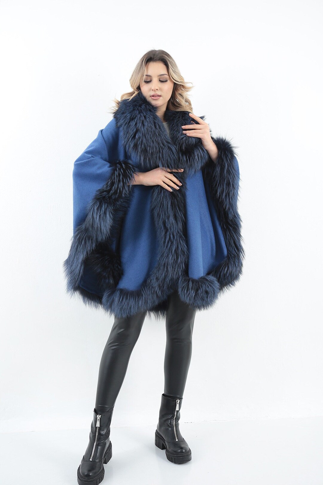 Fox Trim Cashmere Cape, Winter Cape Fox for Trim, Fur Trim Cape, One ...