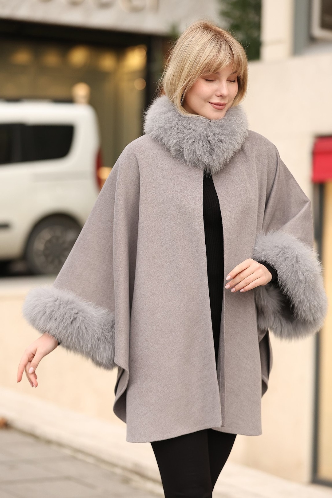 Fox Fur Trimmed Gray Cashmere Cape Women, Stylish Cape With Fox Fur ...