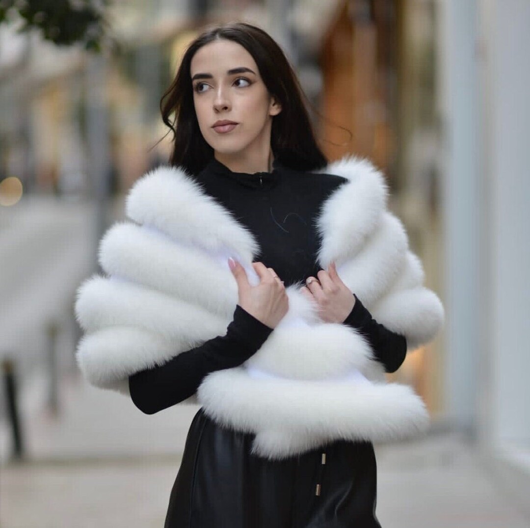 Elegant White Fox Fur Shawl With Black Tips for Weddings Stylish ...