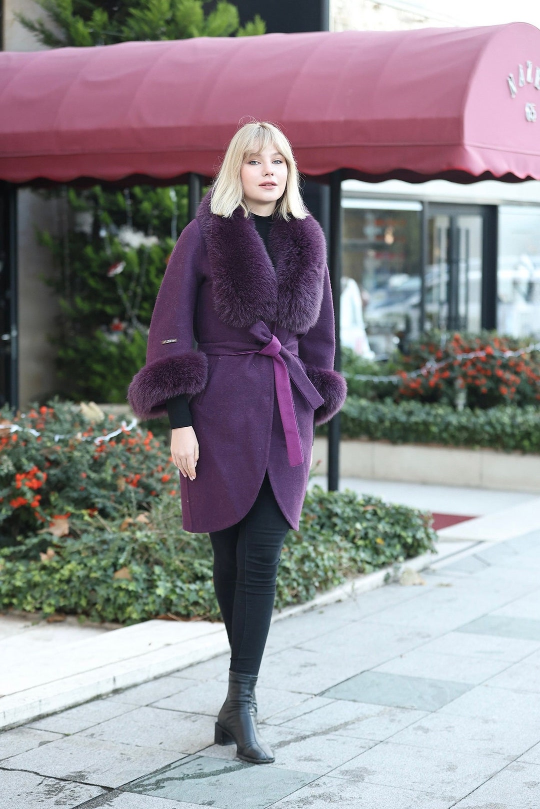 Purple Alpaca Wool Coat With Fox Fur Trim by Zerra Boutique Luxurious ...