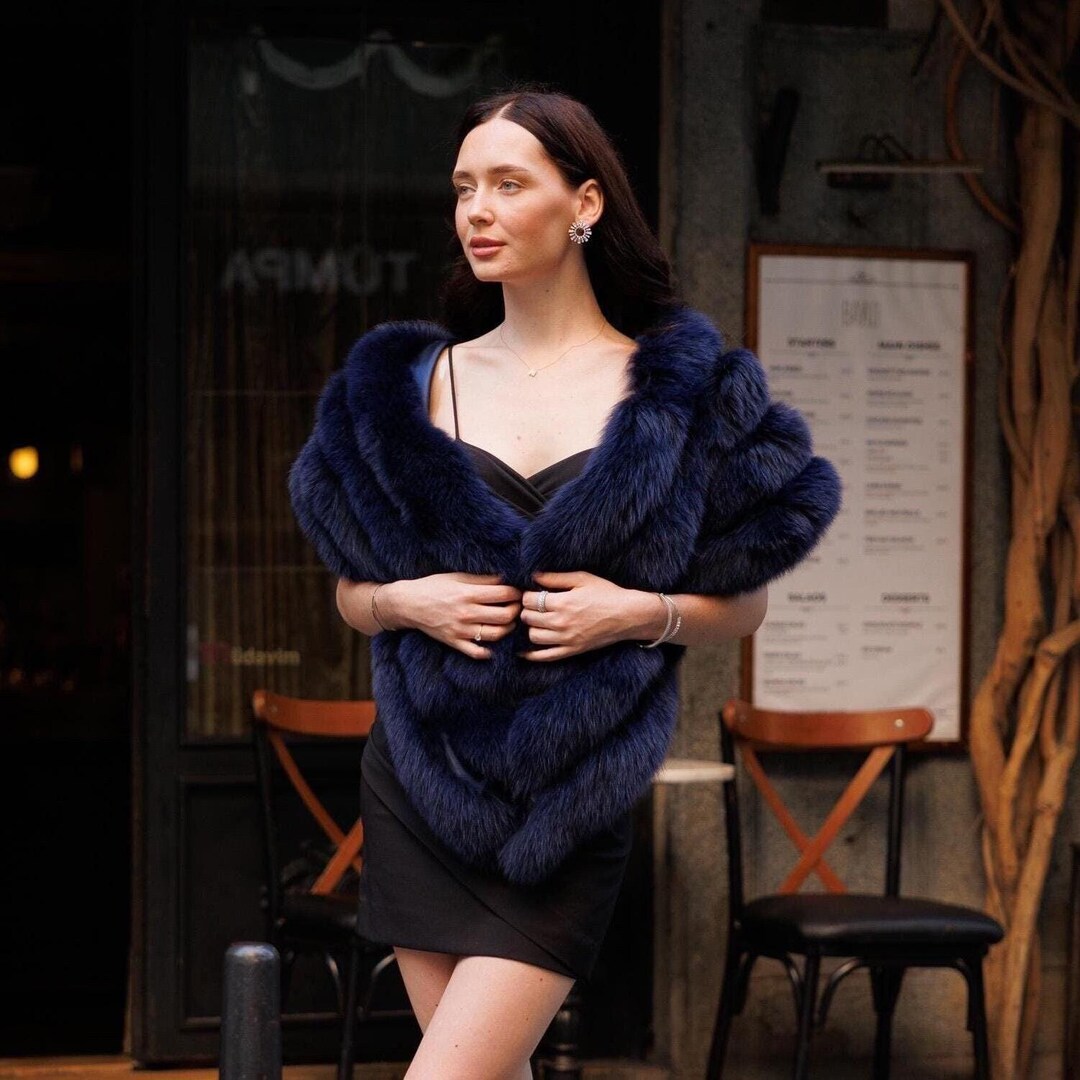 Elegant Fox Fur Stole Wedding Elegant Navy Blue Fox Fur Shawl Womens ...