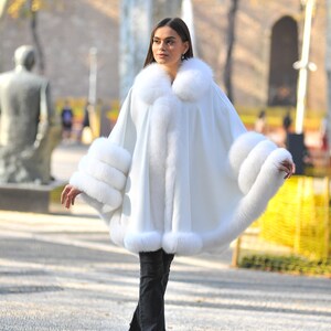 White Cashmere Cape With Fox Fur Trim Luxury Winter Fur Cape Coat ...