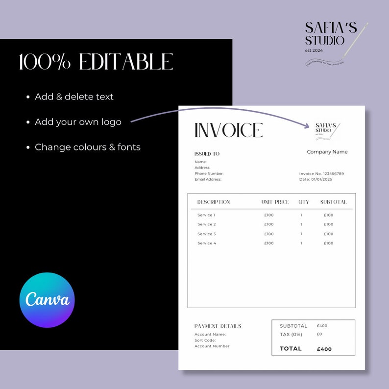 Invoice Template - Canva Template, Small Business Template, Editable ...