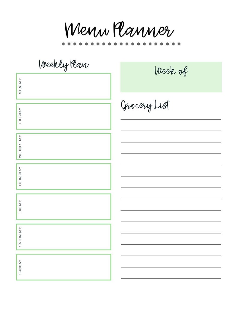 Menu Planner - Green - Printable - Etsy