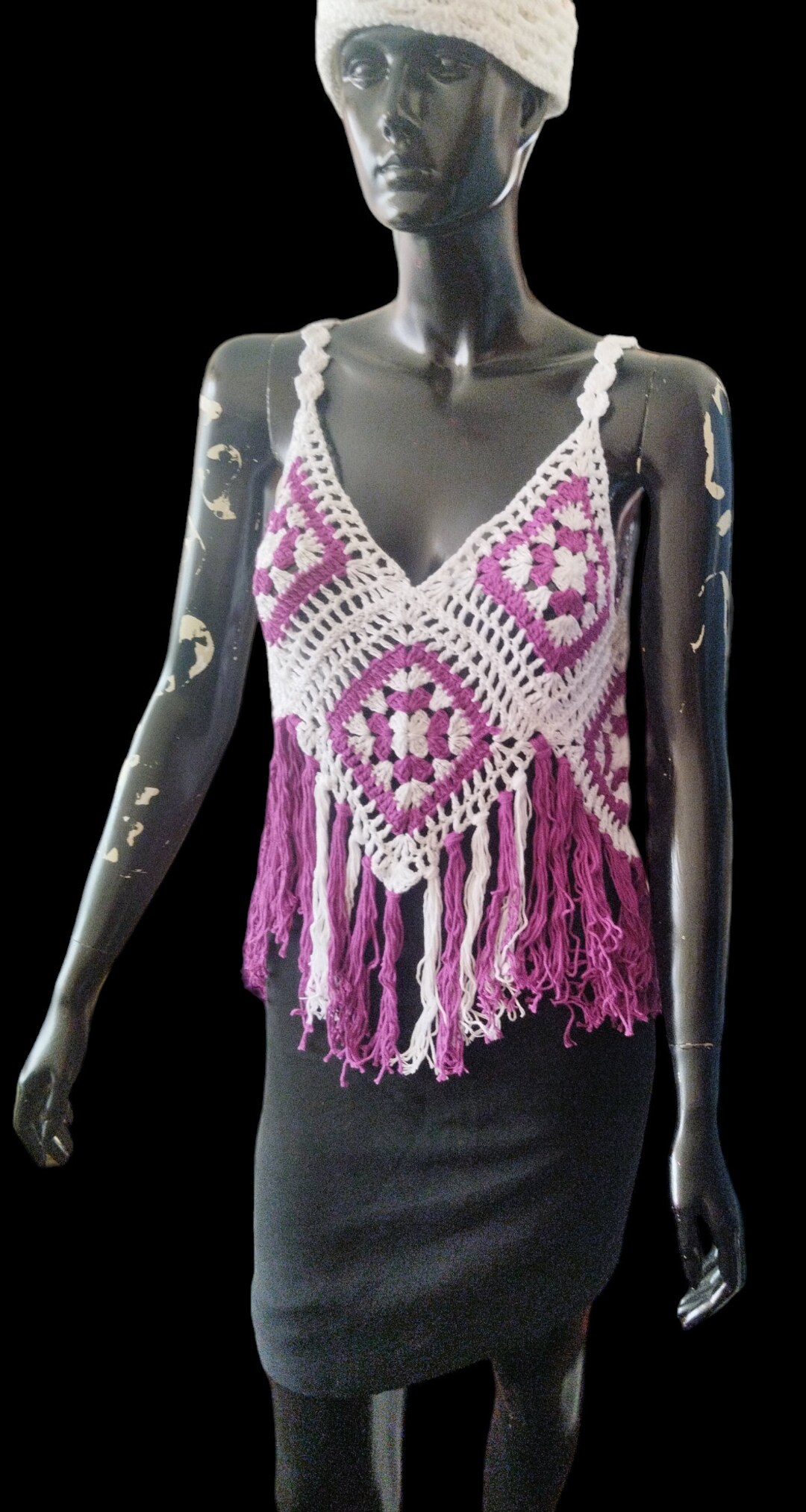 Handmade by Crochet Trendy Fringe Top Granny Squares Plum and White ...