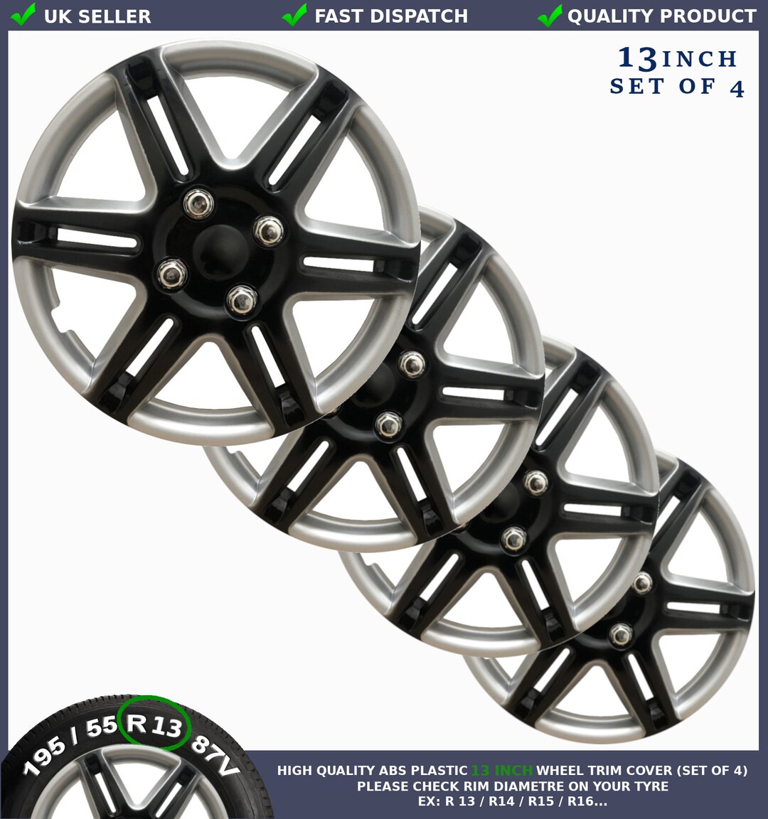 4x 13 Car Wheel Trim Cover Cub Cap negro y plateado WT429-13 - Etsy España