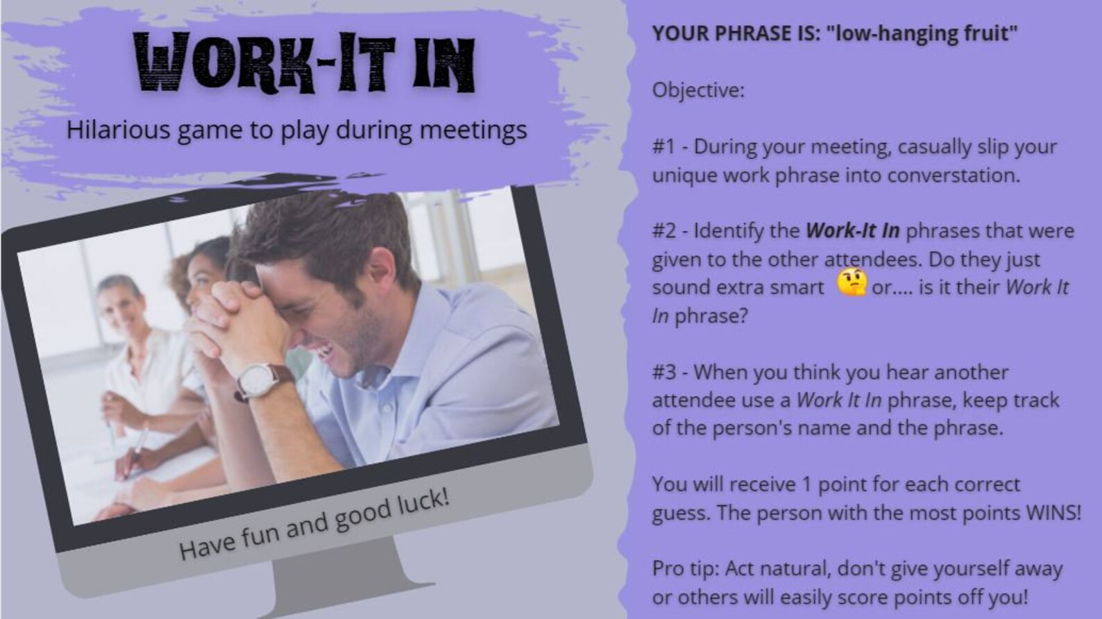Work-it In! Hilarious Game to Play During Meetings Using 15 Work ...
