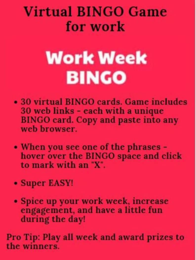 Play Virtual BINGO During Your Work Week! 30 Unique Cards. Increase ...