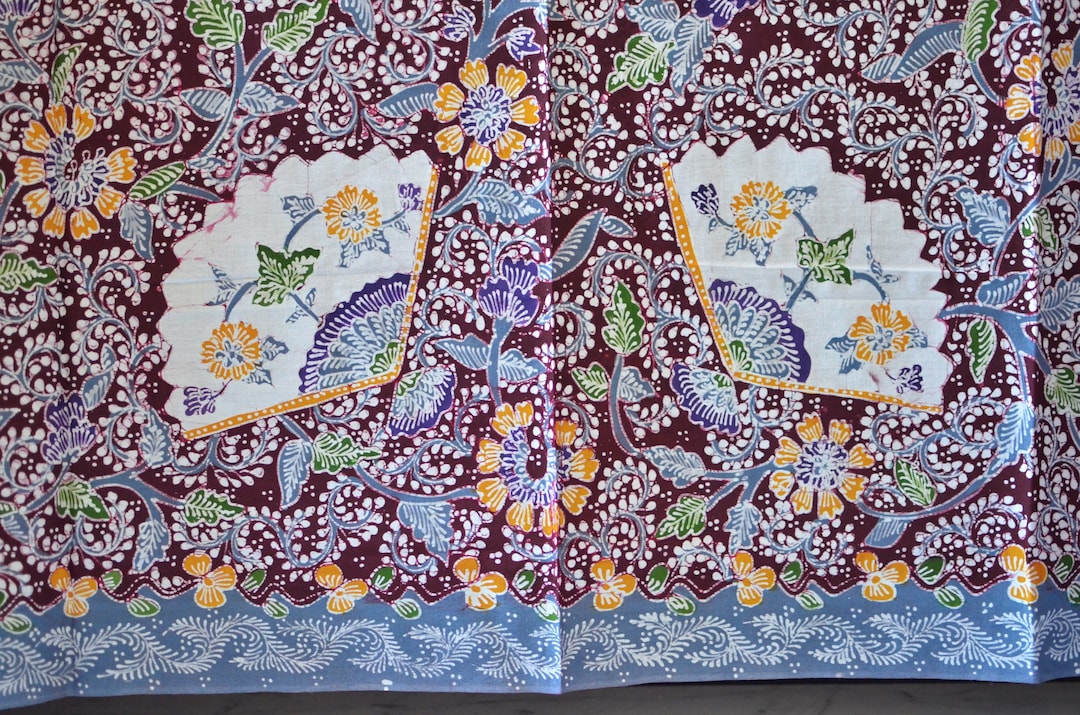 Burgundy Oriental Fan Hand Drawn Indonesian Batik Tulis Chinese Fabric ...