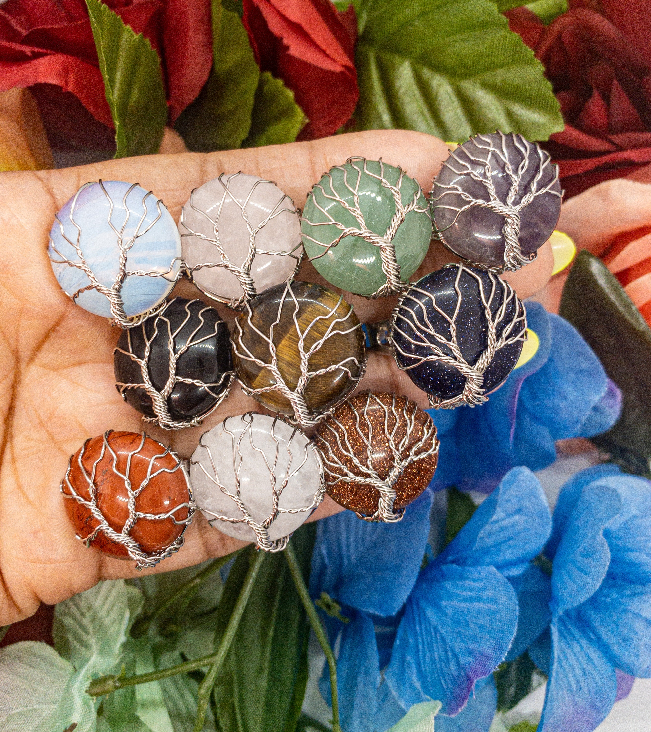 Round Shaped Crystal Tree of Life Rings With Silver Wire Wrap, Rose ...